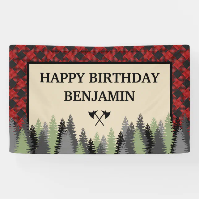 Red Buffalo Plaid Lumberjack Birthday Party Banner | Zazzle