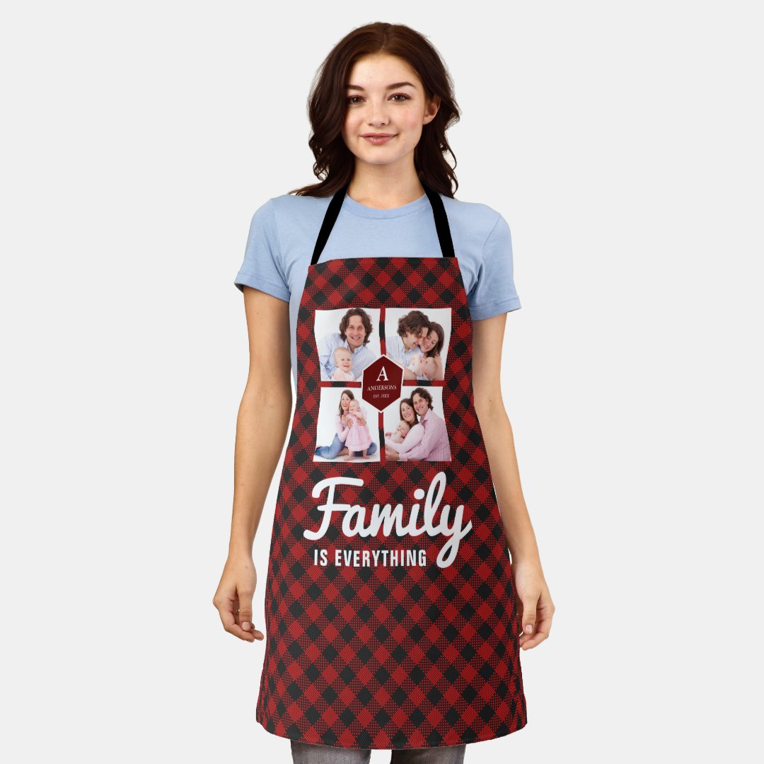 Red Buffalo Plaid Lumberjack Family Photo Collage Apron | Zazzle