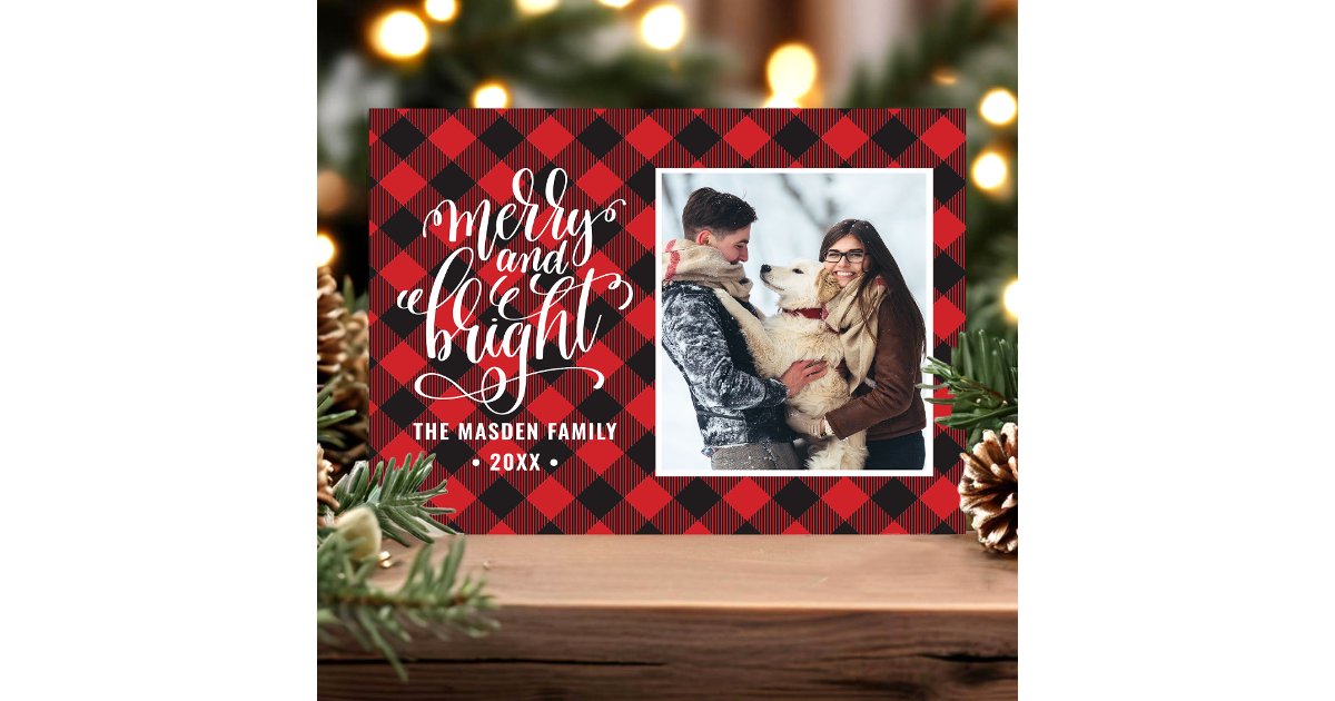 Red Buffalo Plaid Merry And Bright Christmas Photo Holiday Postcard ...