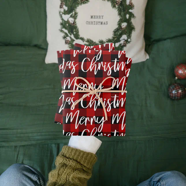 Red Buffalo Plaid & Merry Christmas Wrapping Paper Sheets | Zazzle