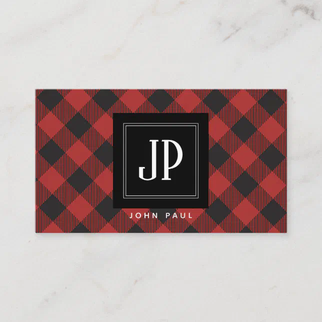 Red Buffalo Plaid Monogram Business Card | Zazzle