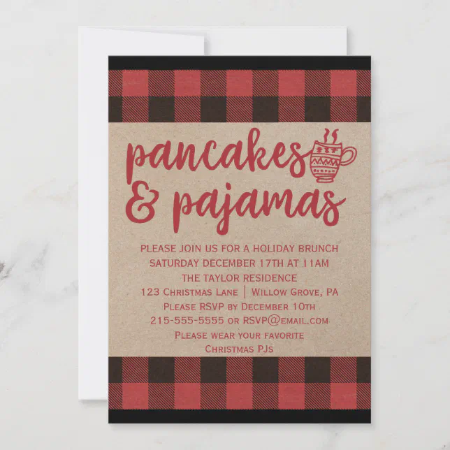 Red Buffalo Plaid Pancakes and Pajamas Party Invitation | Zazzle