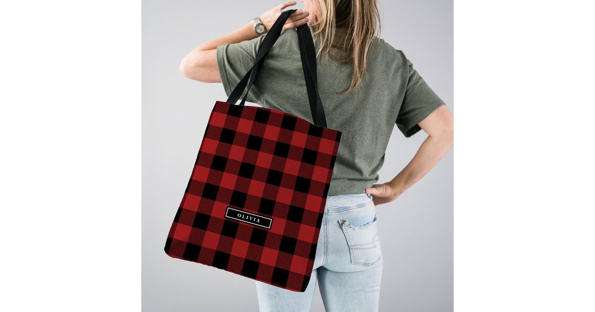 Red Buffalo Plaid Pattern Monogrammed Bridesmaid Tote Bag | Zazzle