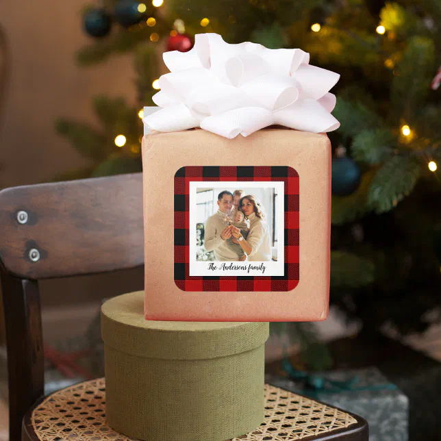 Red Buffalo Plaid & Personal Name And Photo Square Sticker | Zazzle