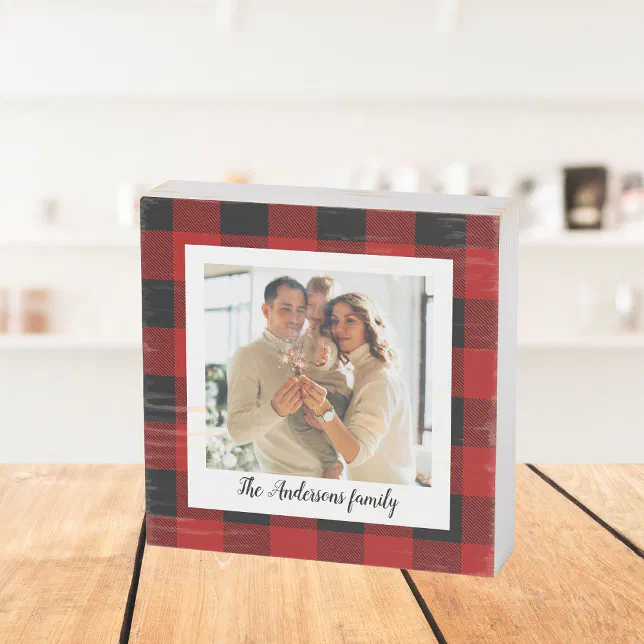 Red Buffalo Plaid & Personal Name And Photo Wooden Box Sign | Zazzle