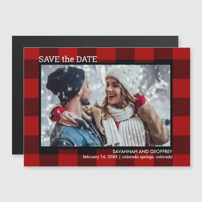 Red Buffalo Plaid Photo Wedding Magnetic Invitation | Zazzle