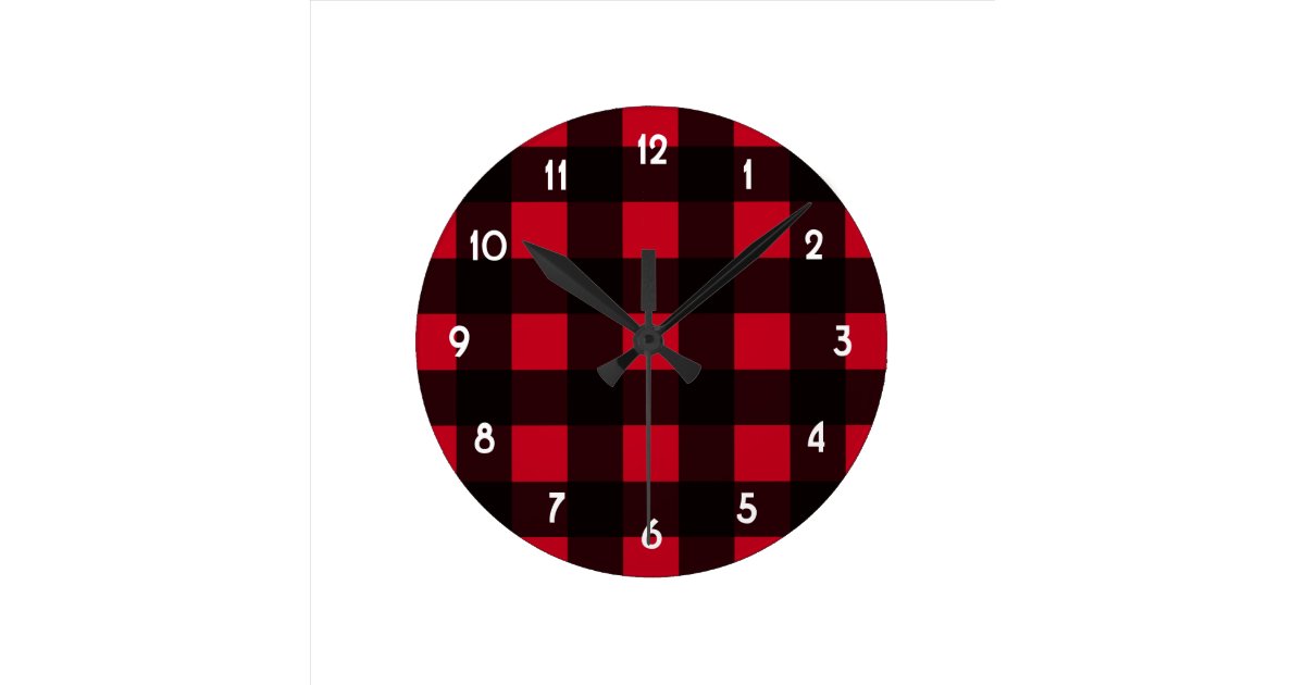 Red Buffalo Plaid Round Clock | Zazzle