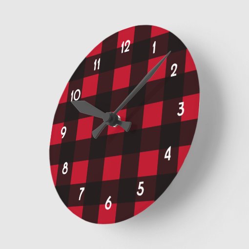 Red Buffalo Plaid Round Clock | Zazzle