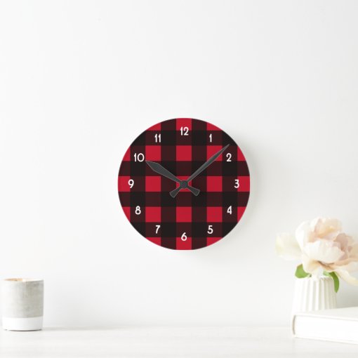 Red Buffalo Plaid Round Clock | Zazzle