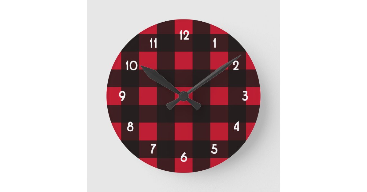 Red Buffalo Plaid Round Clock | Zazzle