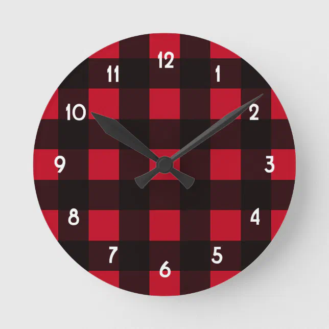 Red Buffalo Plaid Round Clock | Zazzle