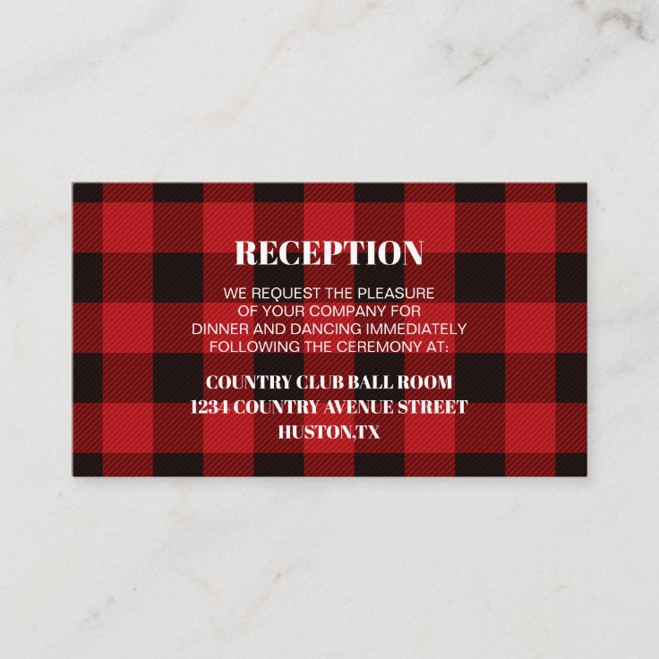red buffalo plaid rustic winter wedding direction enclosure card | Zazzle