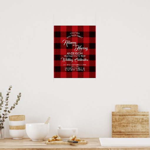 red buffalo plaid rustic winter wedding welcome poster | Zazzle