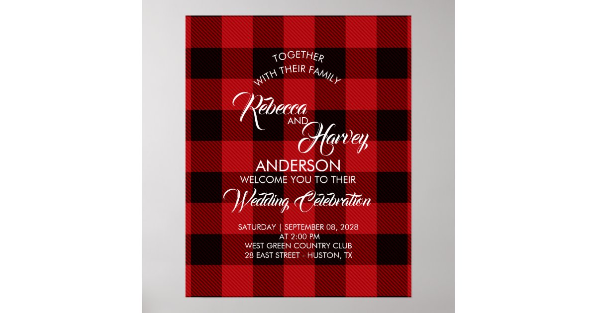 red buffalo plaid rustic winter wedding welcome poster | Zazzle