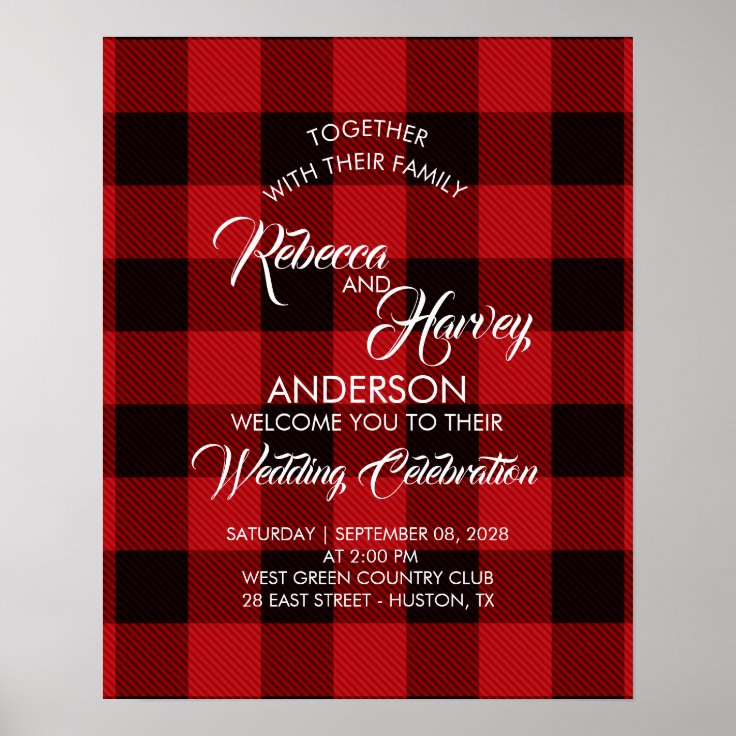 red buffalo plaid rustic winter wedding welcome poster | Zazzle