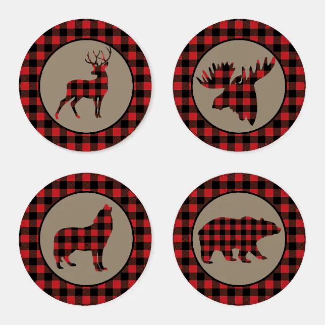 Red Buffalo Plaid Wildlife Series Coaster Set | Zazzle
