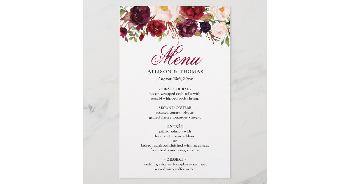 Red Burgundy Blush Floral Chic Wedding Dinner Menu | Zazzle