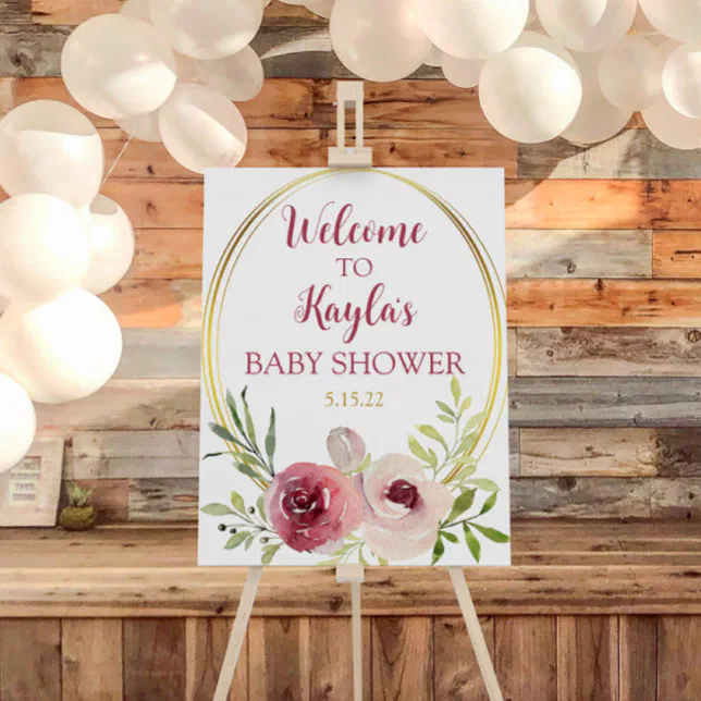 Red Burgundy Floral Baby Shower Welcome Sign | Zazzle