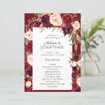 Red Burgundy Marsala Floral Wedding Program | Zazzle