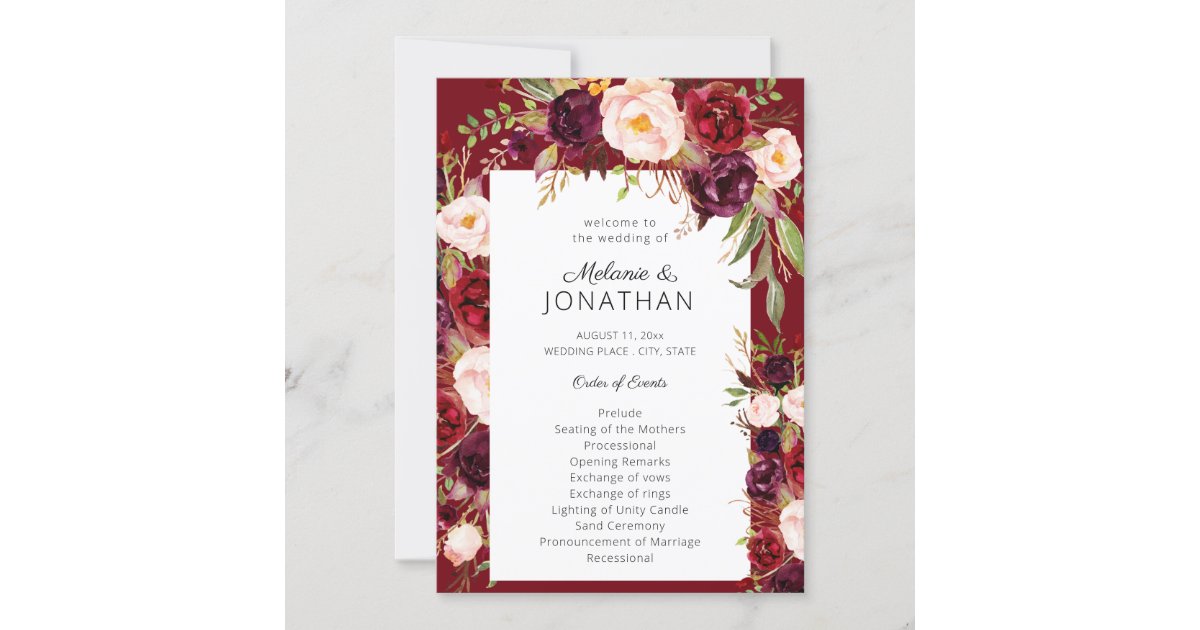 Red Burgundy Marsala Floral Wedding Program | Zazzle