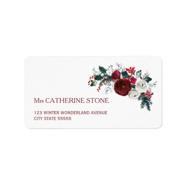 Red burgundy winter peony flowers elegant address label | Zazzle