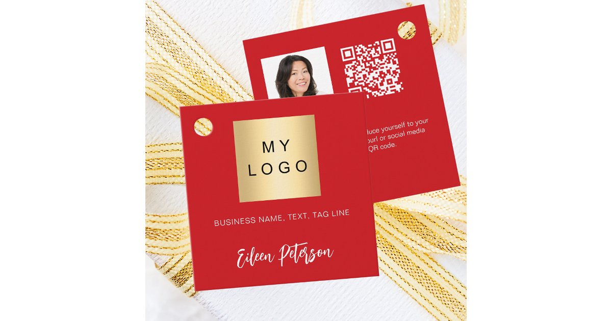 Red business logo photo QR signature hang tag | Zazzle