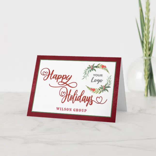 Red calligraphy happy holidays custom logo holida holiday card | Zazzle