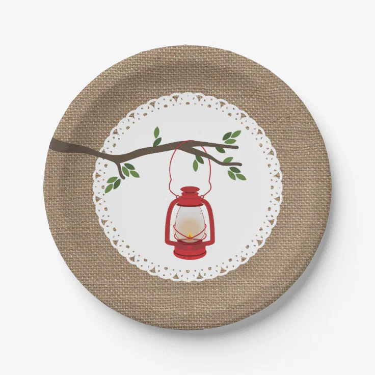 Red Camping Lantern - Burlap Inspired Paper Plates | Zazzle
