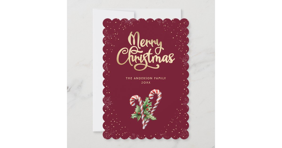 Red Candy Cane Holly Berries Christmas Holiday Card | Zazzle