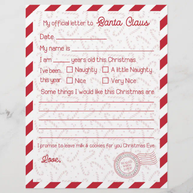 Red Candy Cane Letter to Santa Claus Stationary | Zazzle