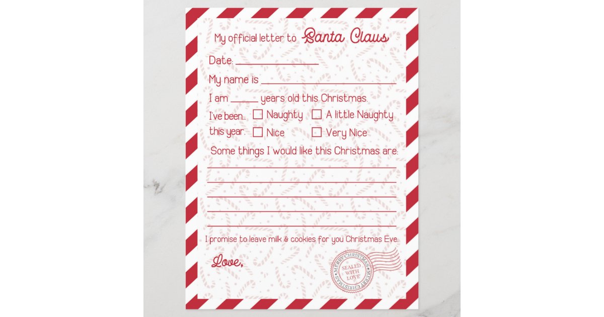Red Candy Cane Letter To Santa Claus Stationary Zazzle