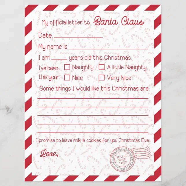 Red Candy Cane Letter to Santa Claus Stationary | Zazzle