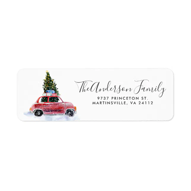 Red Car w/ Christmas Tree Return Address Label | Zazzle