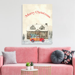 Red Car Winter Scene Merry Christmas Canvas Print | Zazzle
