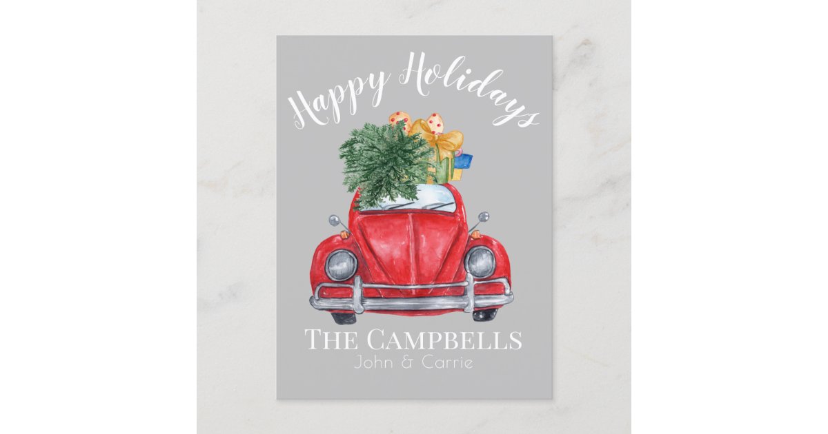 Red Car with Christmas Tree Customizable Holiday Postcard | Zazzle.com