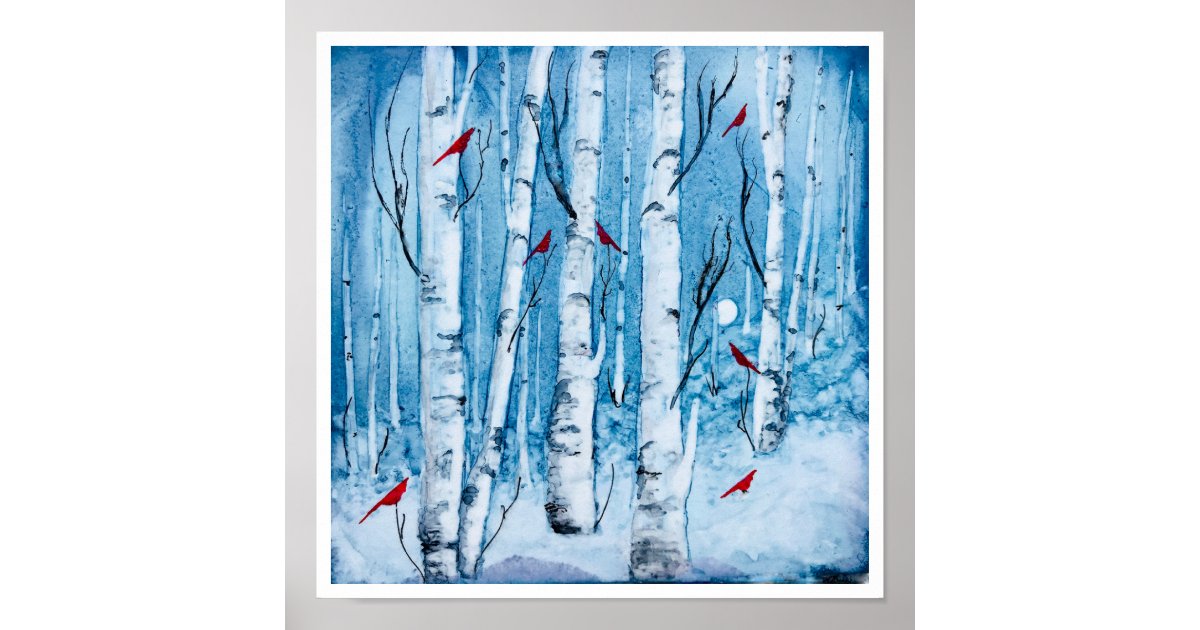 Red Cardinal Birch Tree Rustic Poster | Zazzle