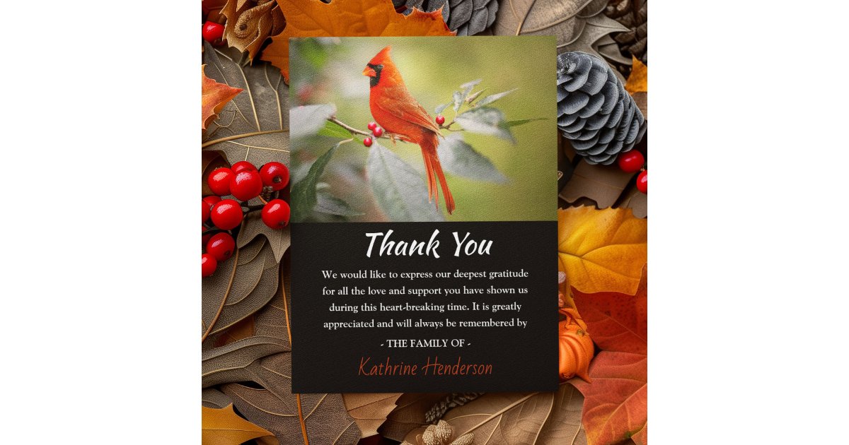 Red Cardinal Bird Funeral Photo Thank You | Zazzle