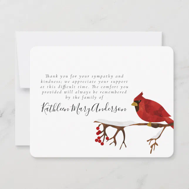 Red Cardinal Bird Funeral Thank You Card | Zazzle