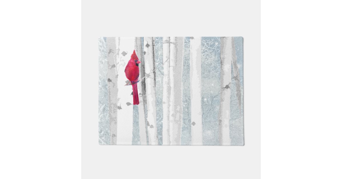 Red Cardinal Bird in beautiful snowy Birch Tree Doormat | Zazzle