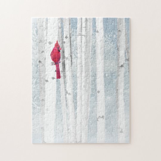 Red Cardinal Bird in beautiful snowy Birch Tree Jigsaw Puzzle | Zazzle.com
