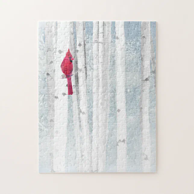Red Cardinal Bird in beautiful snowy Birch Tree Jigsaw Puzzle | Zazzle