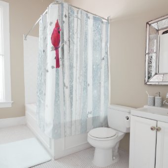 Red Cardinal Bird in beautiful snowy Birch Tree Shower Curtain | Zazzle