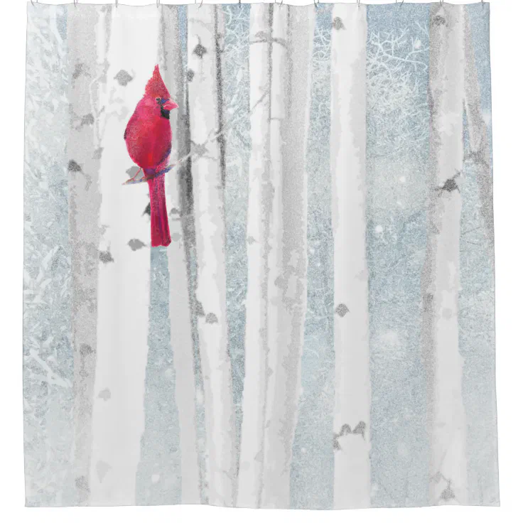 Red Cardinal Bird in beautiful snowy Birch Tree Shower Curtain | Zazzle