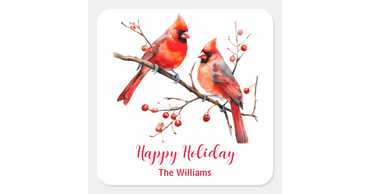 Red Cardinal Birds on Holly Tree Branch Square Sticker | Zazzle