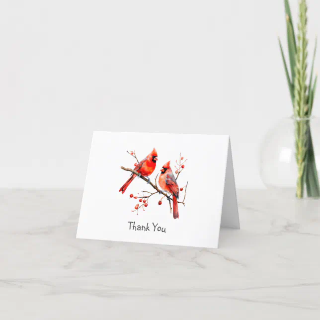 Red Cardinal Birds on Holly Tree Branch Thank You Card | Zazzle