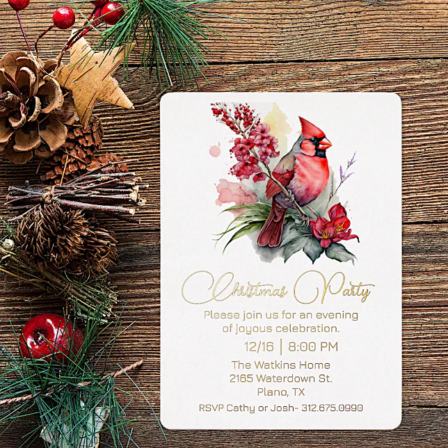 Red Cardinal Christmas Party Foil Invitation | Zazzle