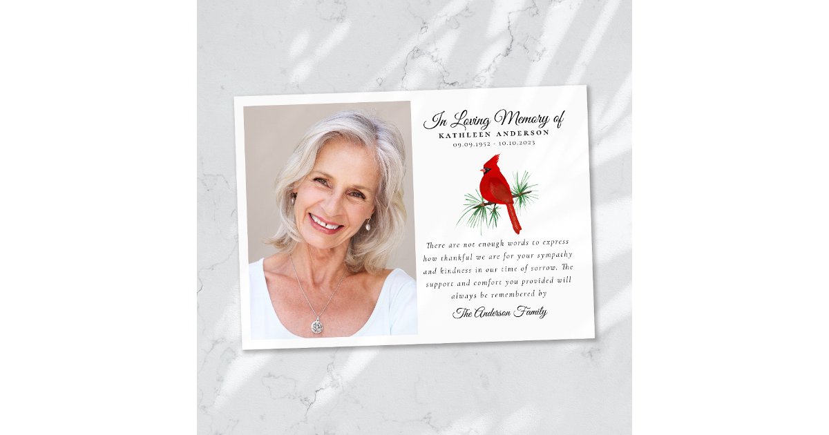 Red Cardinal Funeral Memorial Thank You Card | Zazzle