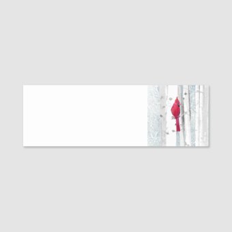 Red Cardinal in beautiful snowy Birch Tree Forest Name Tag | Zazzle