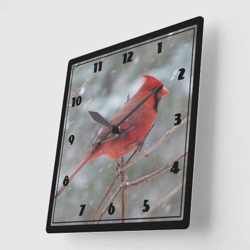 Red cardinal in Winter Square Wall Clock | Zazzle