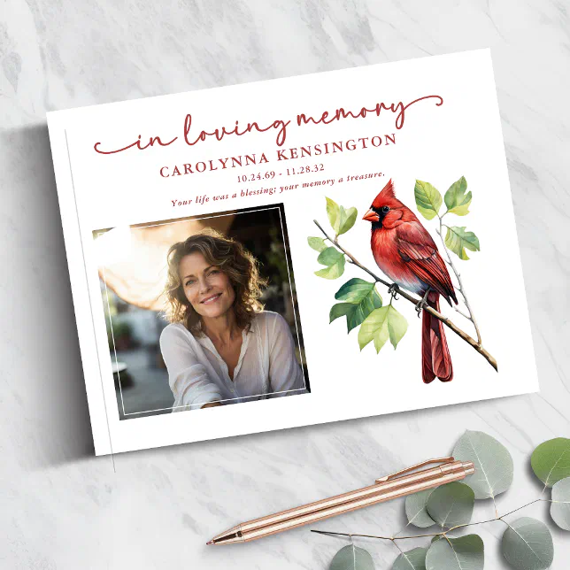 Red Cardinal Loving Memory Funeral Memorial Photo Guest Book | Zazzle